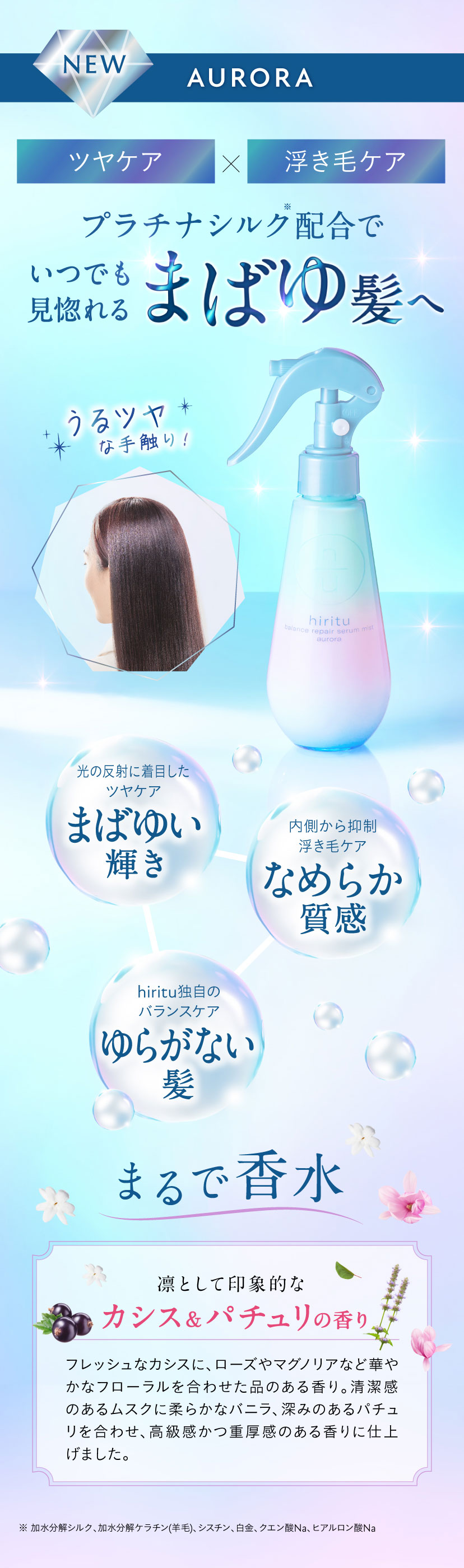 【新登場】シュッとひと吹きでまばゆいツヤ髪へ！1本5役の多機能ヘアミスト「オーロラセラムミスト」のモニター大募集！｜magicnumber｜モニプラ